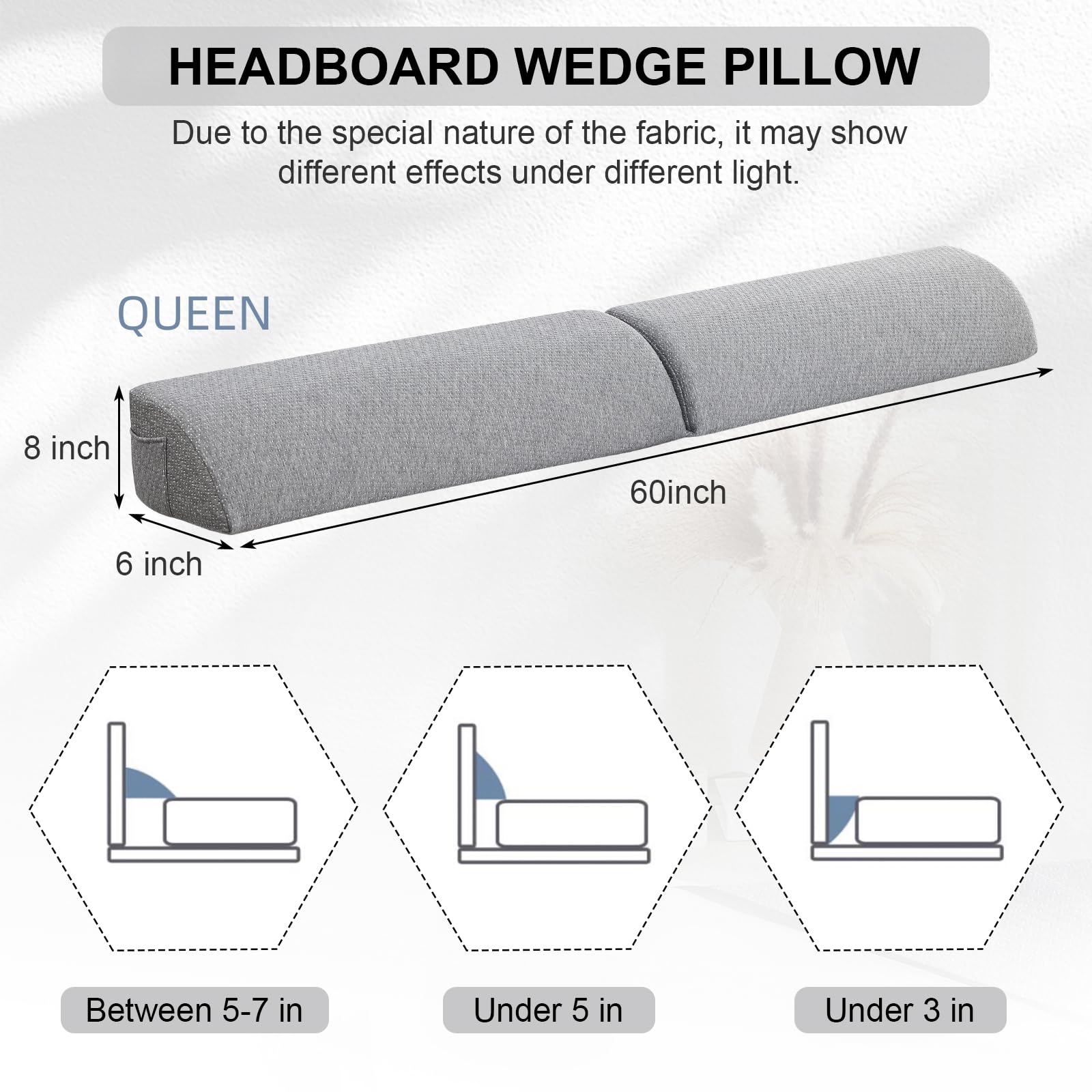 Qucover Headboard Wedge Pillow Queen, 2-Sections Viscose Fiber Polyester Bed Wedge Pillow for Headboard Grey, Between Mattress and Headboard Wedge Pillow Gap Filler (0-7"), 60"x8"x6"