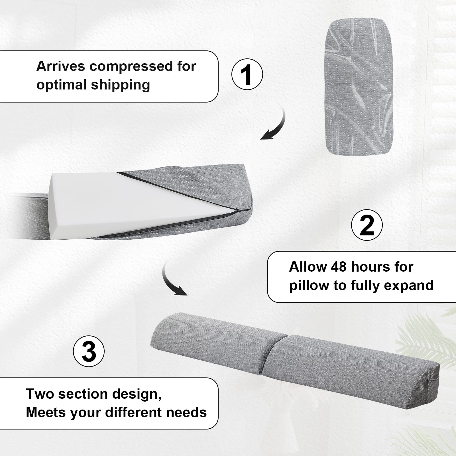 Qucover Headboard Wedge Pillow Queen, 2-Sections Viscose Fiber Polyester Bed Wedge Pillow for Headboard Grey, Between Mattress and Headboard Wedge Pillow Gap Filler (0-7"), 60"x8"x6"