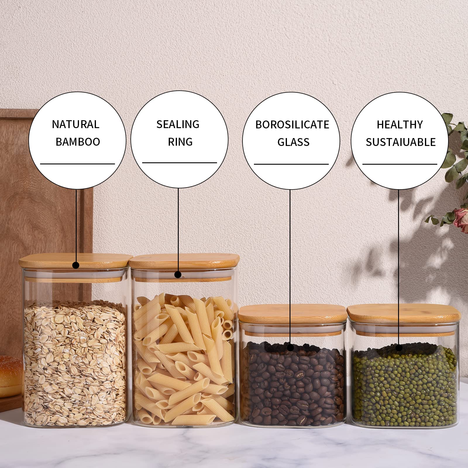 XUNYE Glass Jars with Lids[Set of 4],Glass Canisters Wooden Lids, Airtight Clear Food Storage Bamboo Square Stackable Kitchen For Spice Cereal Sugar Coffee candy, wood color
