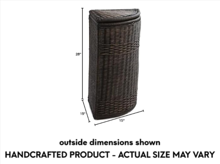 The Basket Lady Corner Wicker Trash Basket with Removable Metal Liner, 15 in L x 15 in W x 26 in H, Antique Walnut Brown