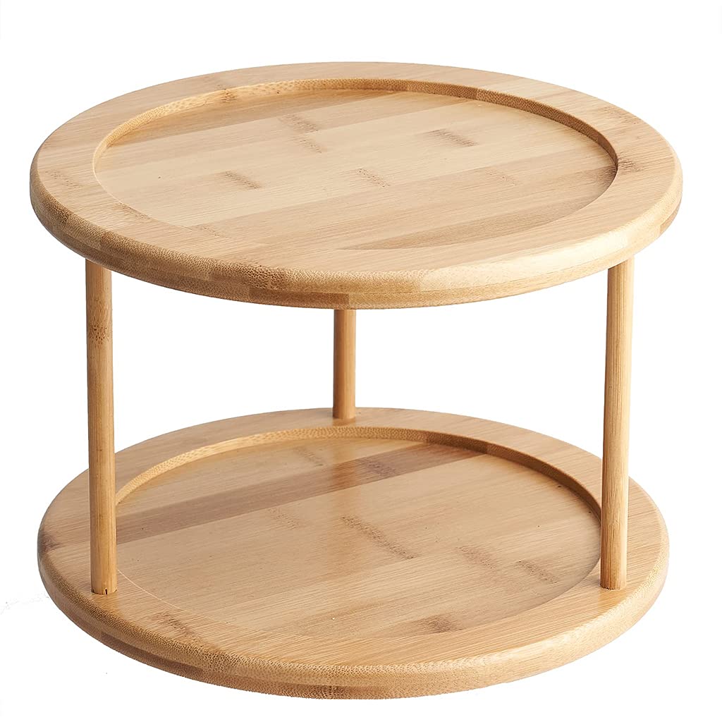 sara-u Round Bamboo Turntable Cabinet Storage Rack, 2-Layer Spice Rack, Detachable Rotating Tray Storage Rack, Suitable for Solid Wood Storage Racks for Kitchen Cabinets