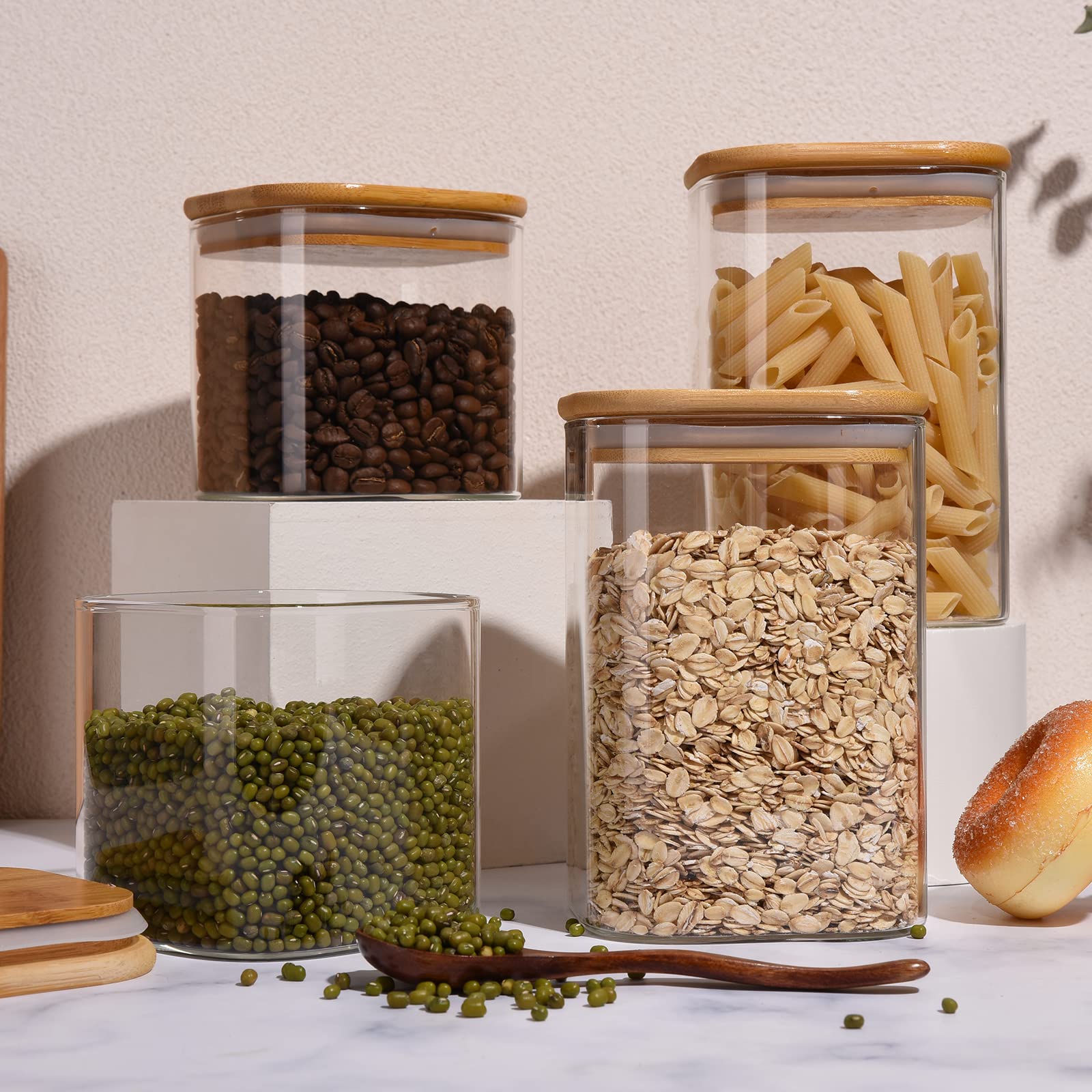 XUNYE Glass Jars with Lids[Set of 4],Glass Canisters Wooden Lids, Airtight Clear Food Storage Bamboo Square Stackable Kitchen For Spice Cereal Sugar Coffee candy, wood color