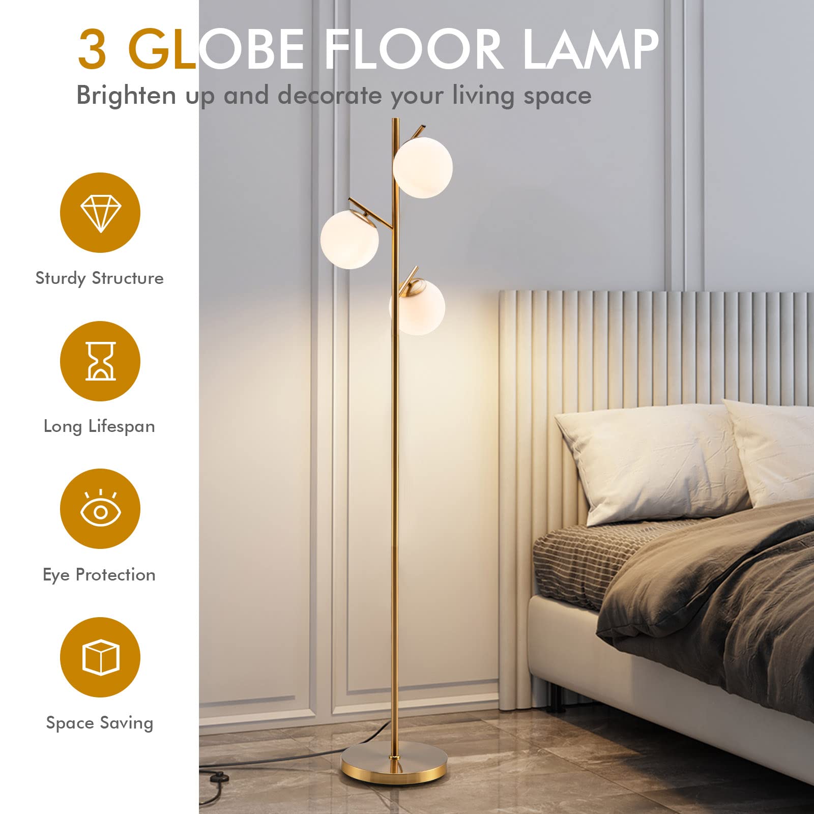 Tangkula 3-Globe Floor Lamp, Modern Freestanding Lamp with Convenient Foot Switch & 3 E26 Bulb Bases, Sturdy Steel Pole, Tall Standing Light for Living Room, Bedroom, Study, Simple Assembly (Golden)
