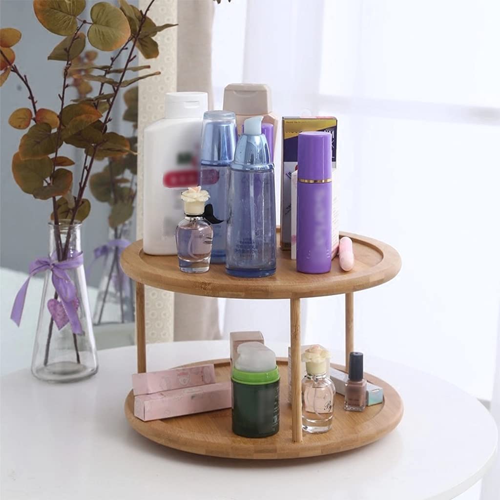 sara-u Round Bamboo Turntable Cabinet Storage Rack, 2-Layer Spice Rack, Detachable Rotating Tray Storage Rack, Suitable for Solid Wood Storage Racks for Kitchen Cabinets