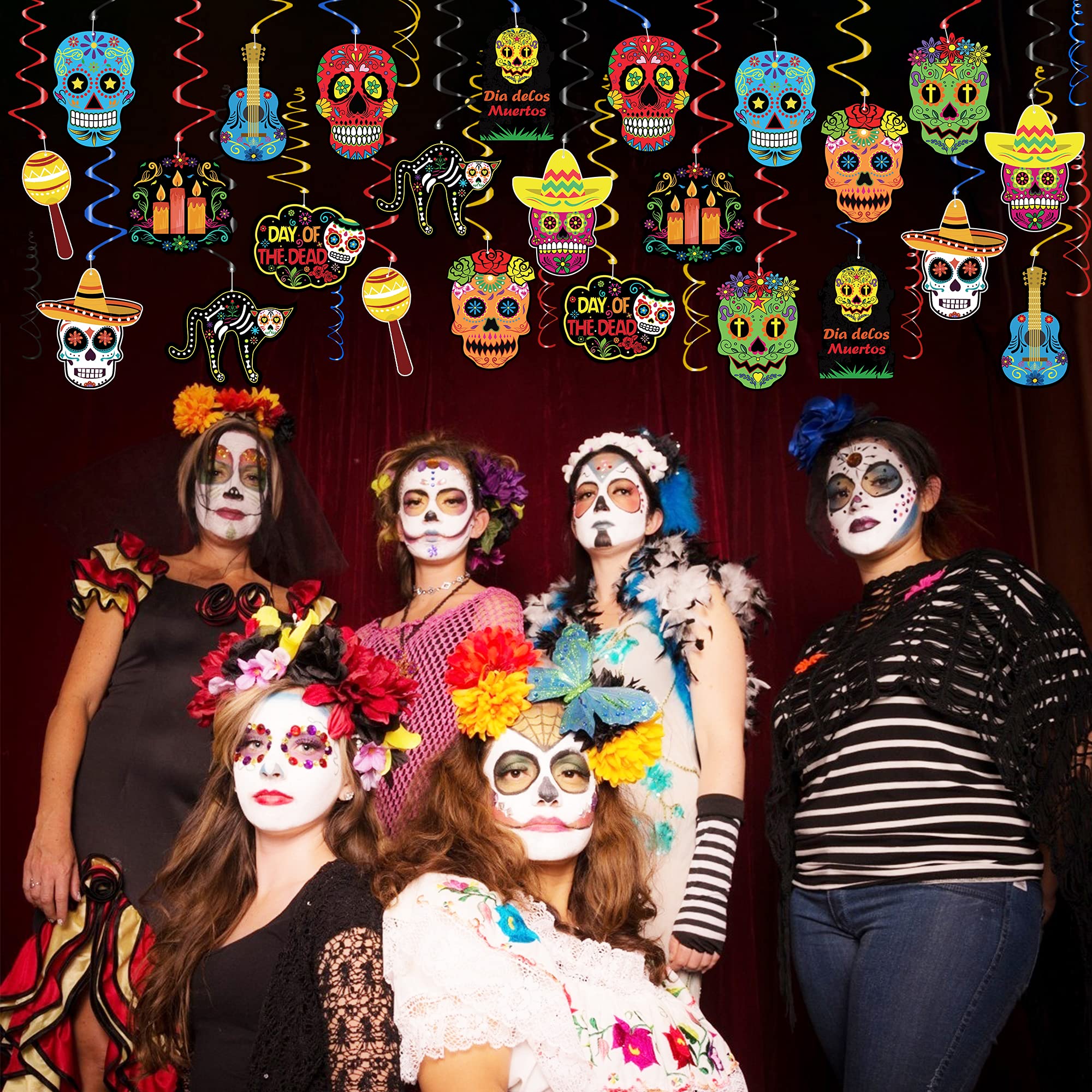 Tifeson Día de Los Muertos Decorations Hanging Swirls - 36 Pcs Mexican Day of The Dead Sugar Skull Ceiling Swirls for Coco Theme Party, Cinco de Mayo, Halloween Sugar Skull Party Decorations Supplies