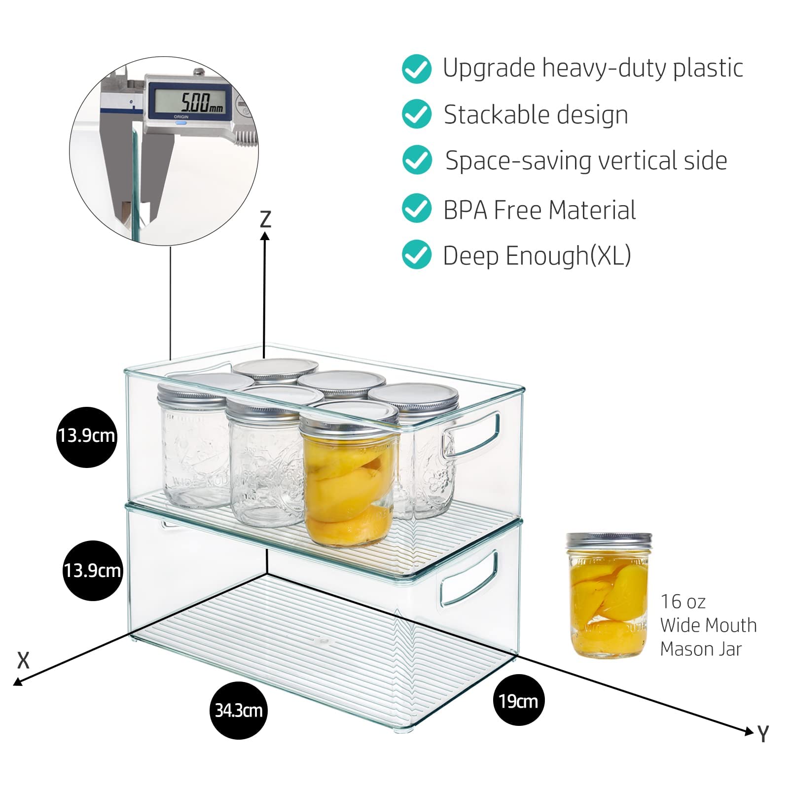 Hudgan 8 PACK Stackable Pantry Organizer Bins (3 sizes) - Clear Fridge Organizers for Kitchen, Freezer, Countertops, Cabinets - Plastic Food Storage Container with Handles for Home and Office