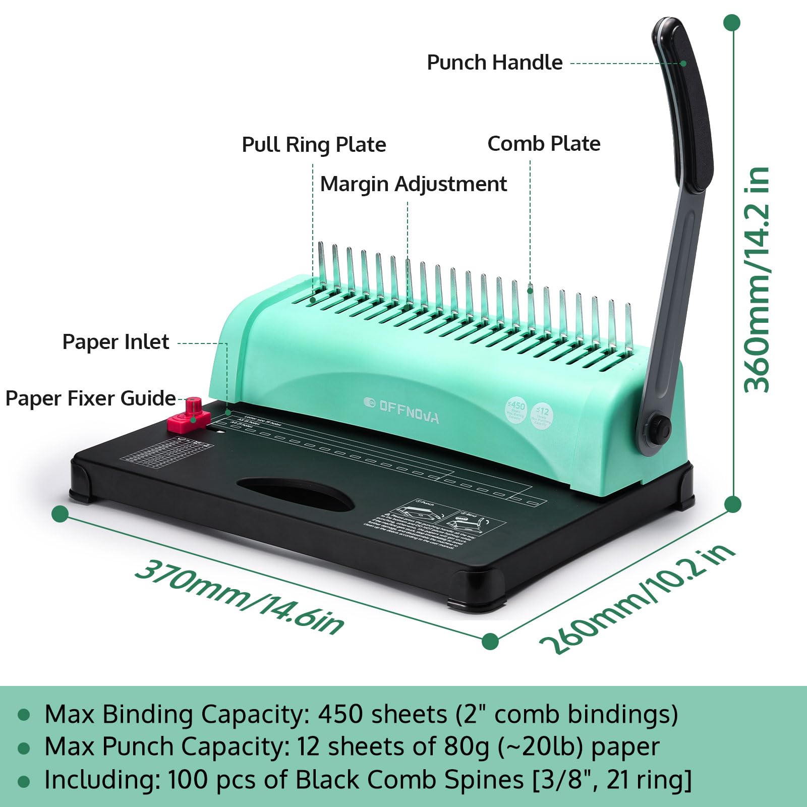 OFFNOVA Binding Machine, 21-Hole 450 Sheets Paper Comb Punch Binder Machine for Letter Size / A4 / A5, Easy to Punch Handle, Adjustable Margin