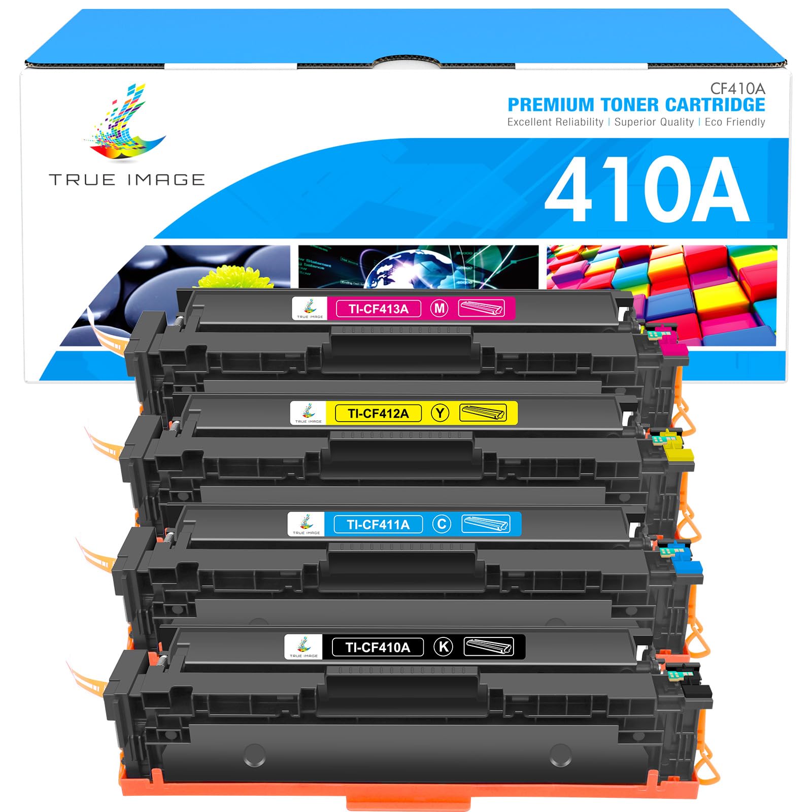TRUE IMAGE Compatible Toner Cartridge Replacement for HP 410A 410X CF410A CF411A CF412A CF413A Color Pro MFP M477fnw M477fdw M477fdn M452dn M452nw M477 Printer (Black Cyan Yellow Magenta, 4-Pack)