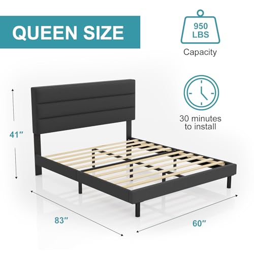 IYEE NATURE Queen Bed Upholstered Platform with Headboard and Strong Wooden Slats, Strong Weight Capacity, Non-Slip No Box Spring Needed, Easy Assembly,Dark Gray