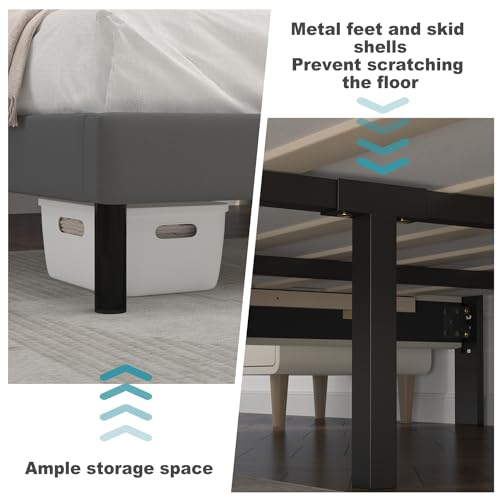 IYEE NATURE Queen Bed Upholstered Platform with Headboard and Strong Wooden Slats, Strong Weight Capacity, Non-Slip No Box Spring Needed, Easy Assembly,Dark Gray