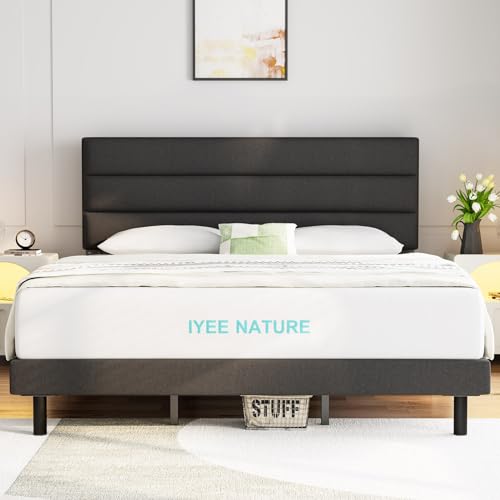 IYEE NATURE Queen Bed Upholstered Platform with Headboard and Strong Wooden Slats, Strong Weight Capacity, Non-Slip No Box Spring Needed, Easy Assembly,Dark Gray