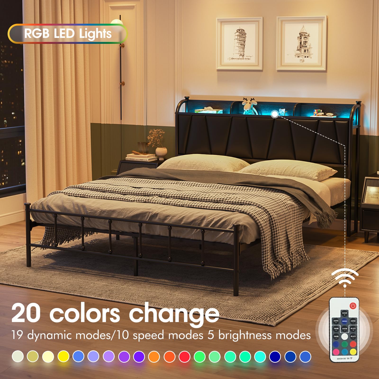 Halitaa Black Queen Bed Frame with Led Lights and Charing Station,Upholstered Headboard with Storage Shelves,Farmhouse Platform Bed,No Box Spring Needed
