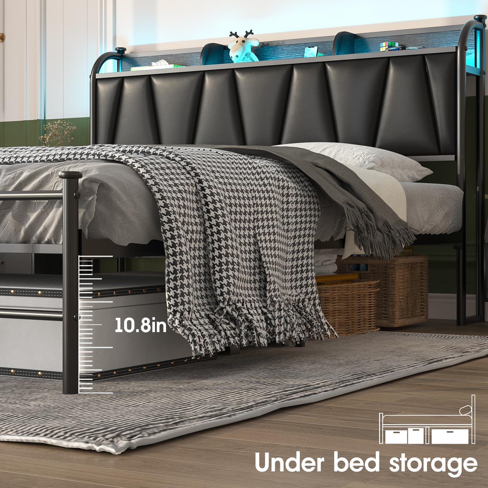 Halitaa Black Queen Bed Frame with Led Lights and Charing Station,Upholstered Headboard with Storage Shelves,Farmhouse Platform Bed,No Box Spring Needed
