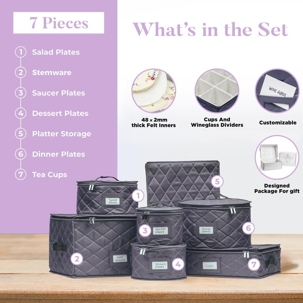 Teemto China Storage Containers Quilted. 7PC Dishes Storage Kit with 48 Cut-to-Size Felt Inners. Fine China Storage, Plate Platter Storage, Glass and Dish Storage, Crystal Stemware, Moving Supplies