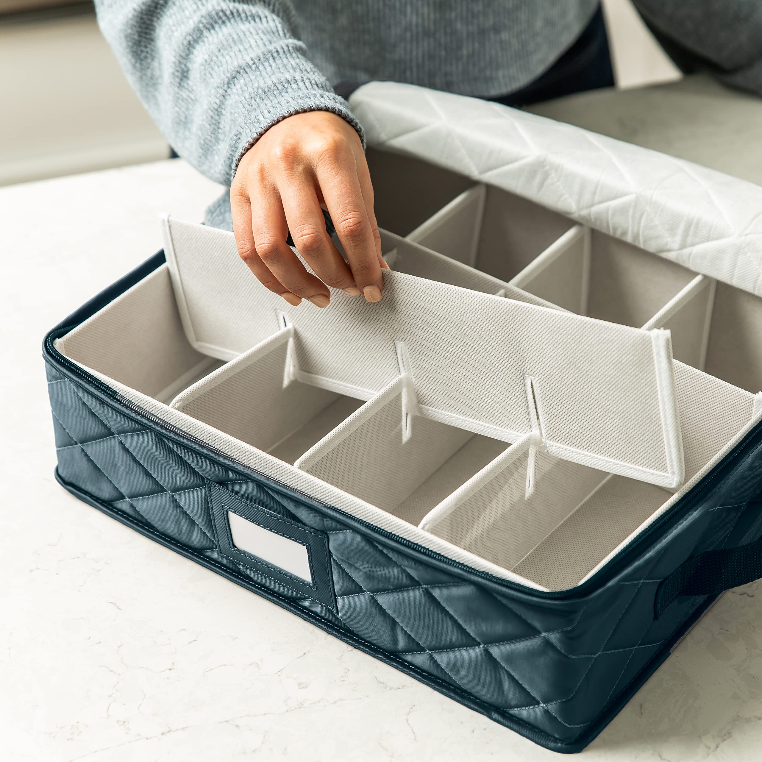 Teemto China Storage Containers Quilted. 7PC Dishes Storage Kit with 48 Cut-to-Size Felt Inners. Fine China Storage, Plate Platter Storage, Glass and Dish Storage, Crystal Stemware, Moving Supplies