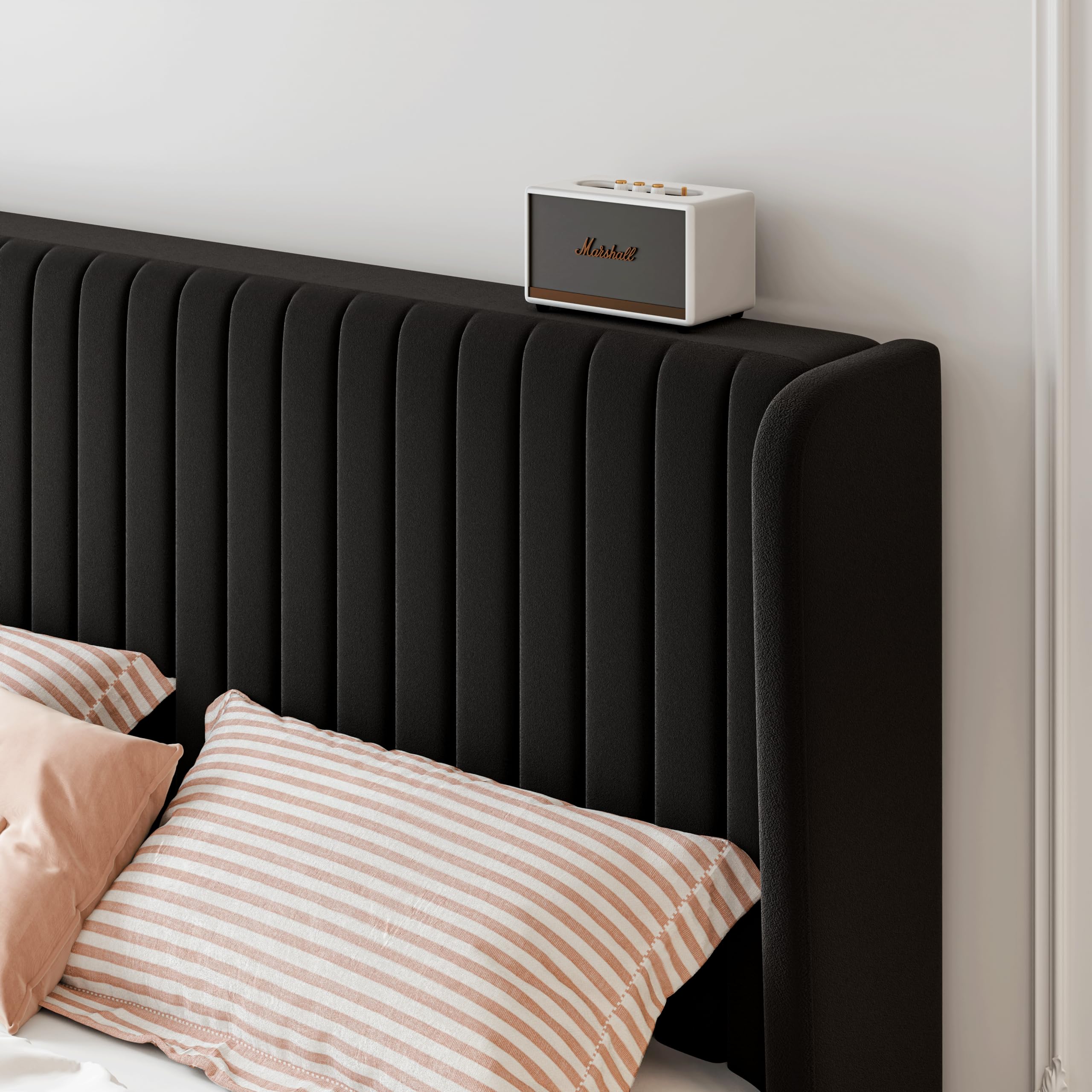 SHA CERLIN Queen Size Velvet Bed Frame with Vertical Channel Tufted Wingback Headboard, Upholstered Platform Bed with Wood Slats, No Box Spring Needed, Easy Assembly, Black