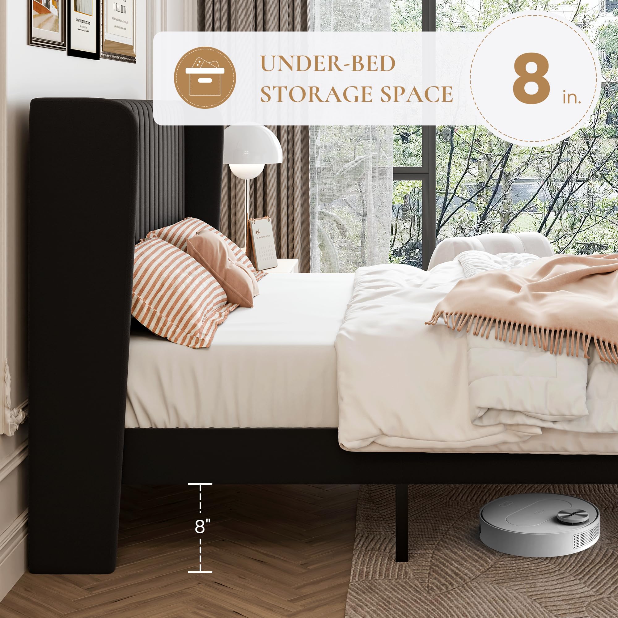 SHA CERLIN Queen Size Velvet Bed Frame with Vertical Channel Tufted Wingback Headboard, Upholstered Platform Bed with Wood Slats, No Box Spring Needed, Easy Assembly, Black