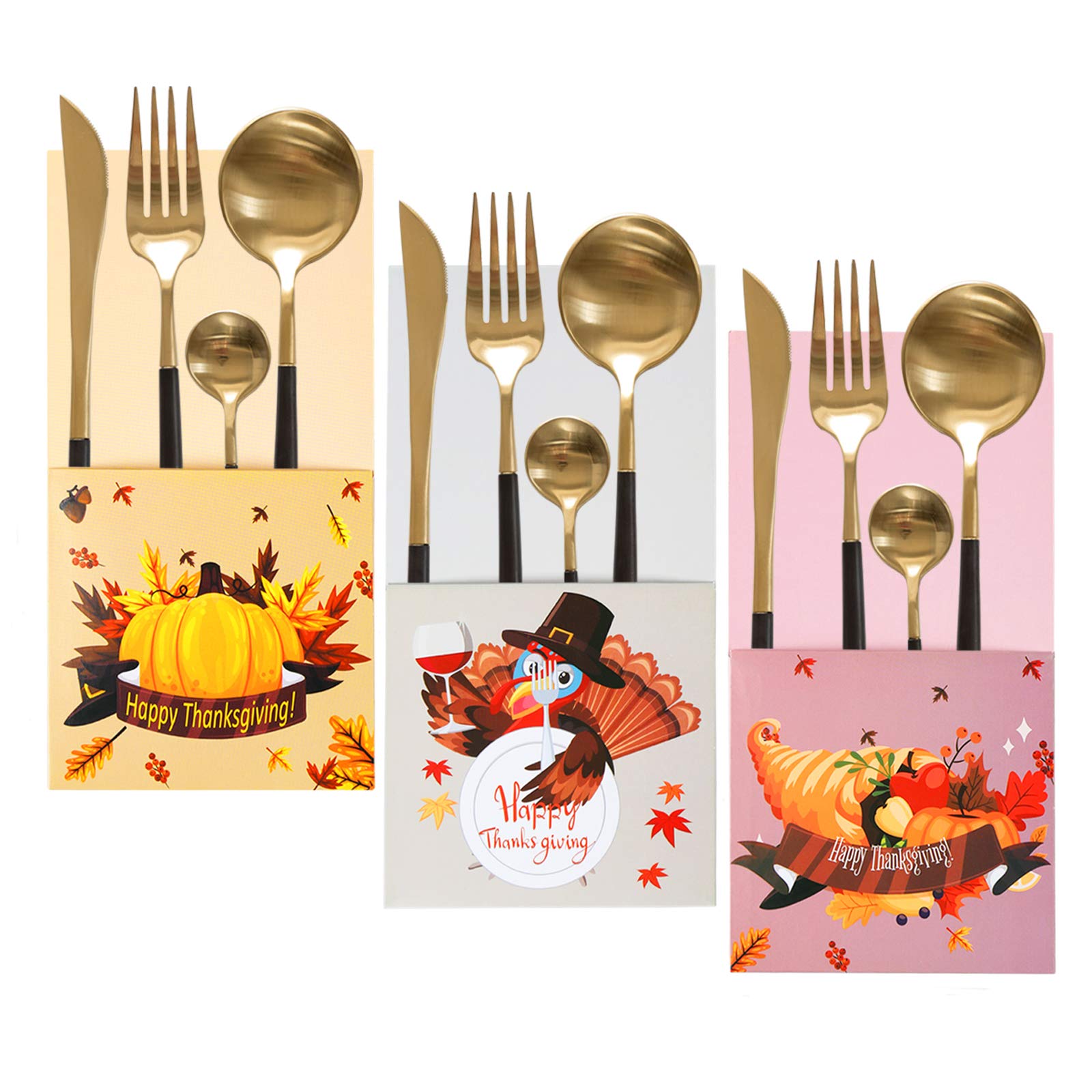 Thanksgiving Silverware Cutlery Holders - Turkey Fall Party Dinner Table Decorations Supplies 24Ct