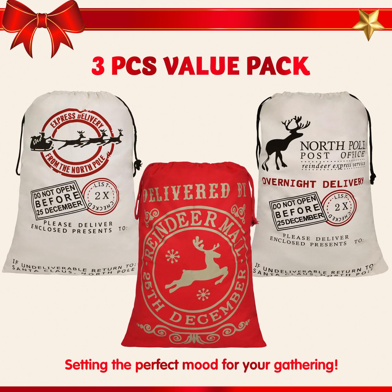 JOYIN 3 Santa Burlap Sack Christmas Gift Bags with Drawstring 26" x 19" for Large Xmas Package Storage, Event Party Supplies, Christmas Party Favors.