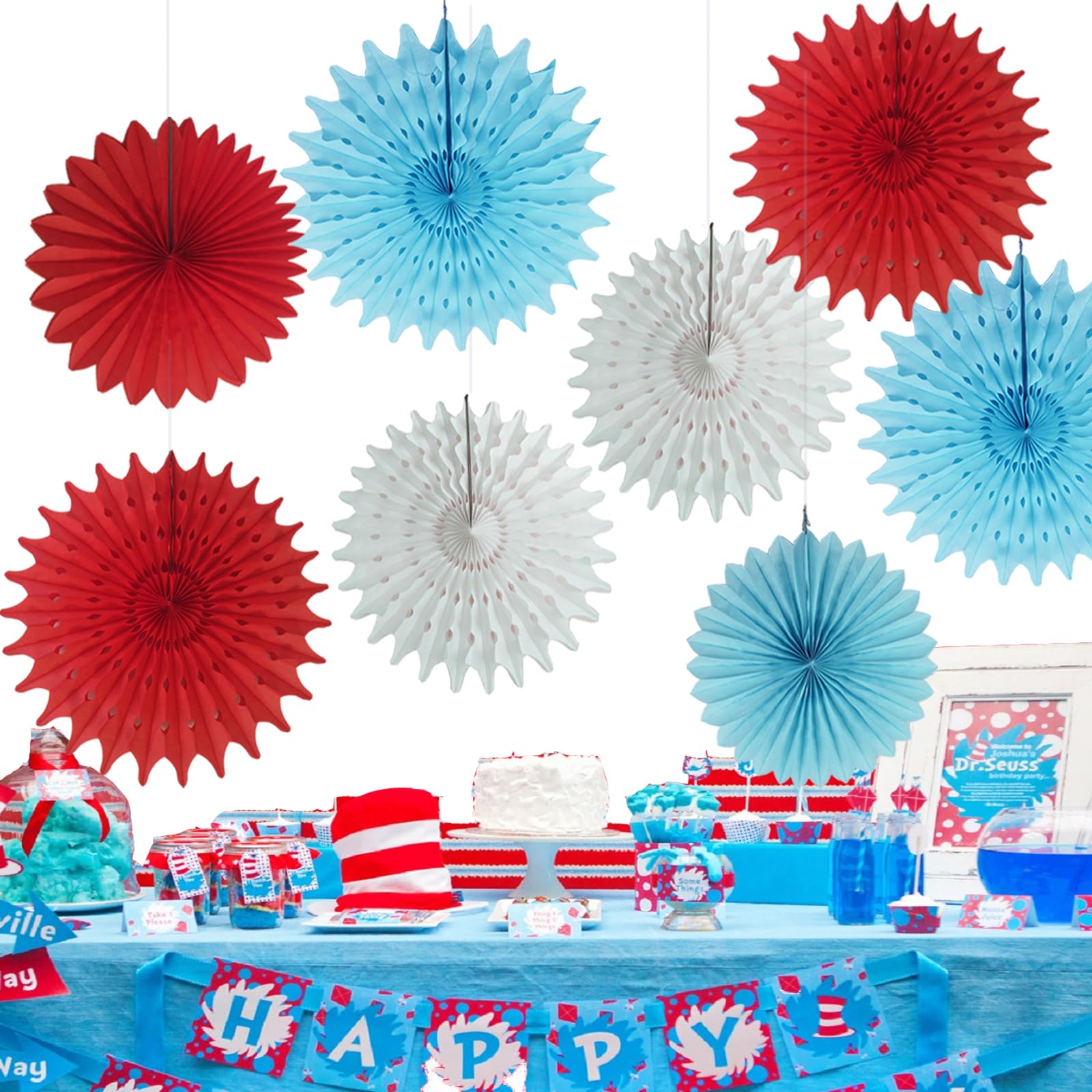 Dr Seuss Cat in The Hat Birthday Decorations Thing 1 and Thing 2 Decorations/Cat in The Hat Baby Shower Decorations/Turquoise Red Tissue Paper Fans for Circus Carnival Birthday Party Decorations