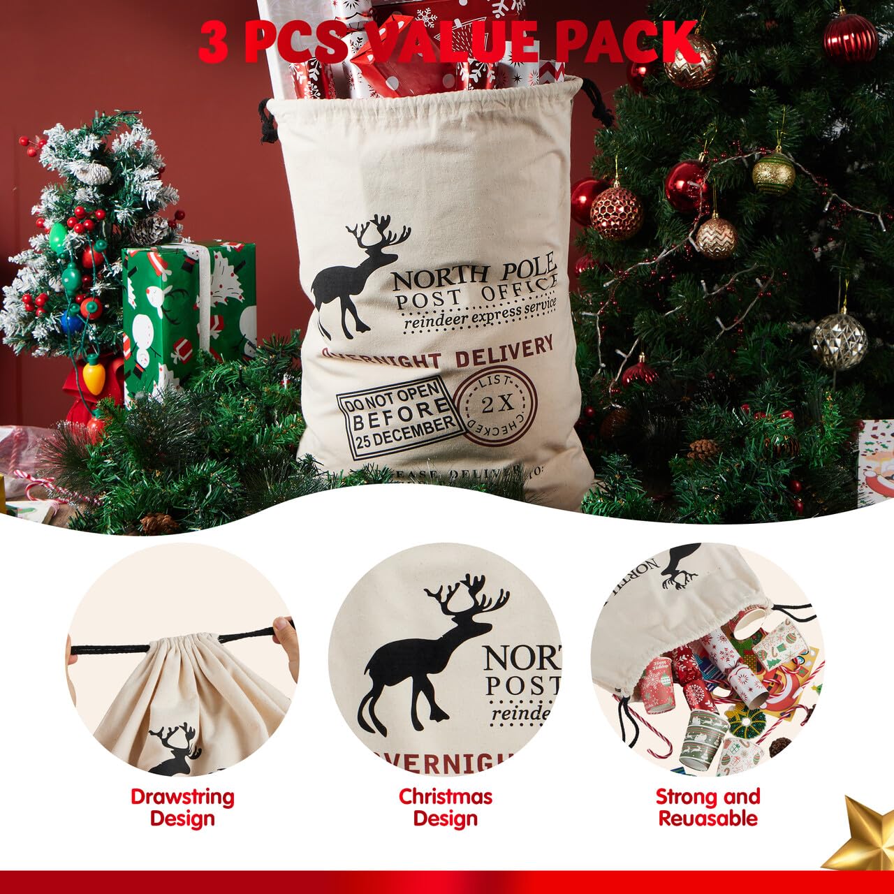 JOYIN 3 Santa Burlap Sack Christmas Gift Bags with Drawstring 26" x 19" for Large Xmas Package Storage, Event Party Supplies, Christmas Party Favors.