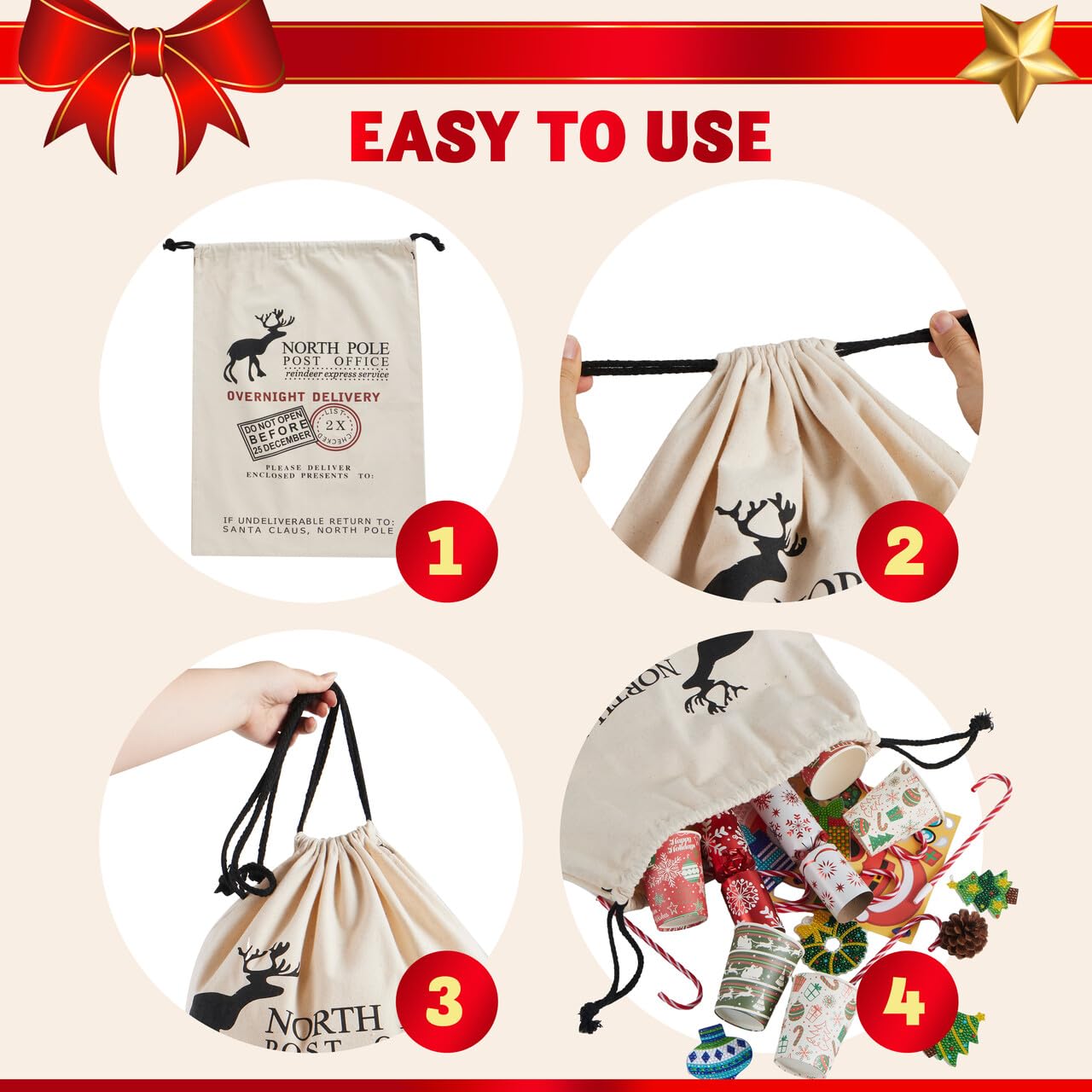 JOYIN 3 Santa Burlap Sack Christmas Gift Bags with Drawstring 26" x 19" for Large Xmas Package Storage, Event Party Supplies, Christmas Party Favors.