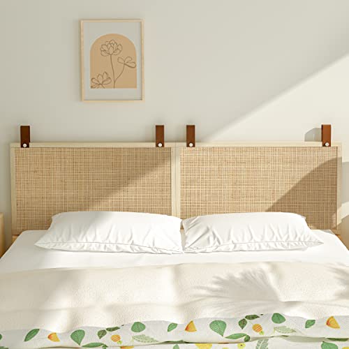 ZeHuoGe Natural Rattan Queen Headboard Decorative Panel with 2 Faux PU Leather Trim Strips, Wall-Mounted Headboard (Queen)
