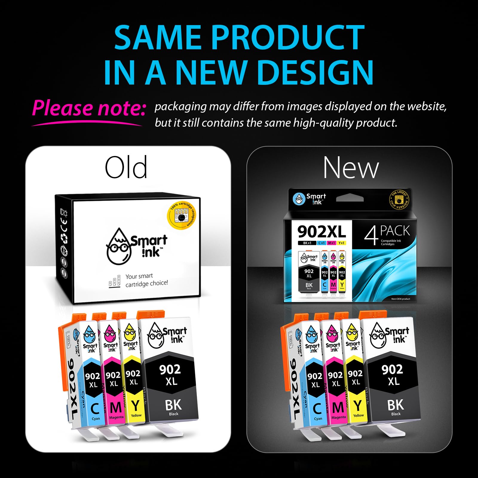 Smart Ink Compatible Ink Cartridge Replacement for HP 902 XL 902XL (4 Combo Pack) to use with Officejet Pro 6978 6968 6974 6975 6960 Officejet 6951 6954 6956 6958 Printers