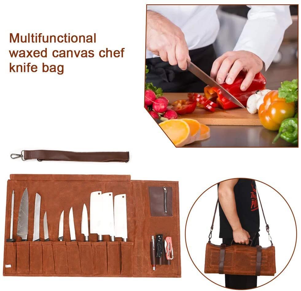 Knife Bag,Canvas Chef Knife Roll Bag,Chef Knife Case Roll Bag,Chef Knife Case Roll Bag With 10 Slots Plus 3 Zipper Pockets, Carry Handle & Shoulder Strap Chef Knife Bag For Men Culinary Traveling.