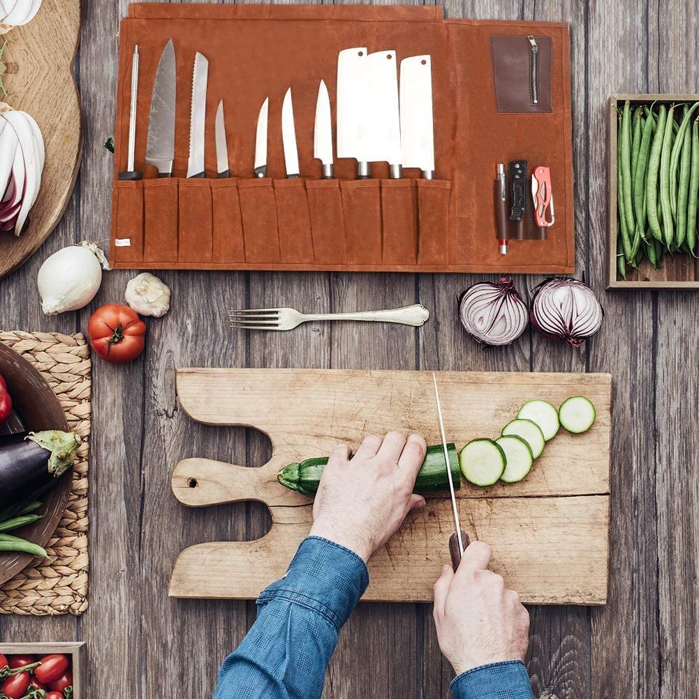 Knife Bag,Canvas Chef Knife Roll Bag,Chef Knife Case Roll Bag,Chef Knife Case Roll Bag With 10 Slots Plus 3 Zipper Pockets, Carry Handle & Shoulder Strap Chef Knife Bag For Men Culinary Traveling.
