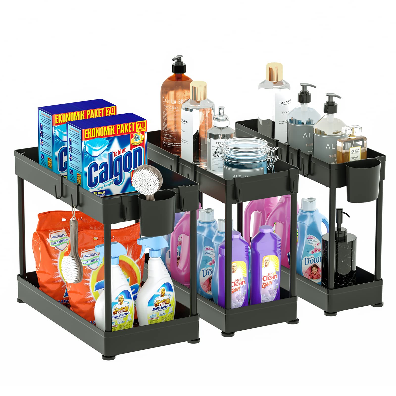 3 Pack Under Sink Organizer, 2 Tier Under Bathroom Sink Storage Organizer, Sturdy Bathroom Storage Shelf, Multi-purpose Bath Collection Baskets for Kitchen Countertop Cabinet Pantry