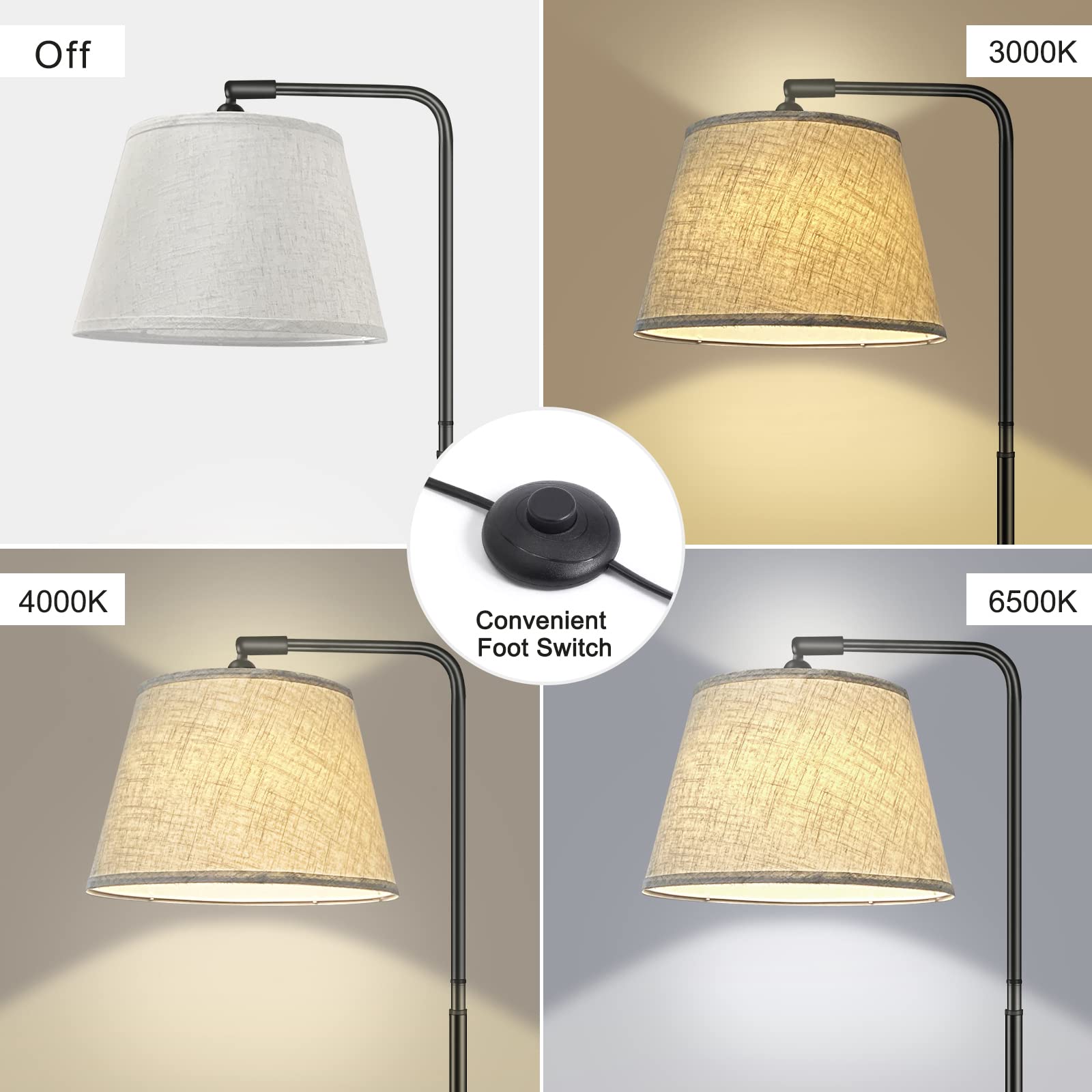 Arc Floor Lamp for Living Room, 3 Color Temperature 3000K-6500K, Modern Standing Lamp with Adjustable Lighting Angle & Foot Switch, 67" Tall Reading Light for Bedroom, Office, 12W LED Bulb Included