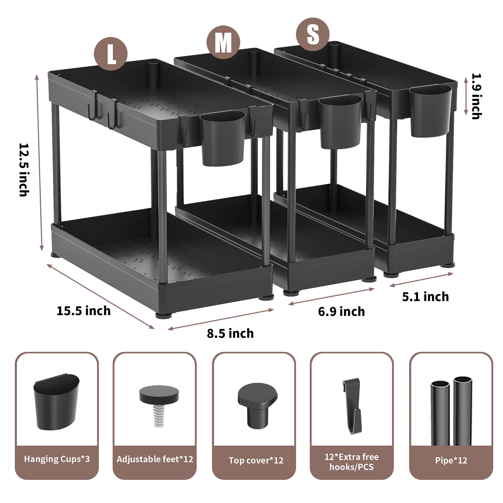 3 Pack Under Sink Organizer, 2 Tier Under Bathroom Sink Storage Organizer, Sturdy Bathroom Storage Shelf, Multi-purpose Bath Collection Baskets for Kitchen Countertop Cabinet Pantry