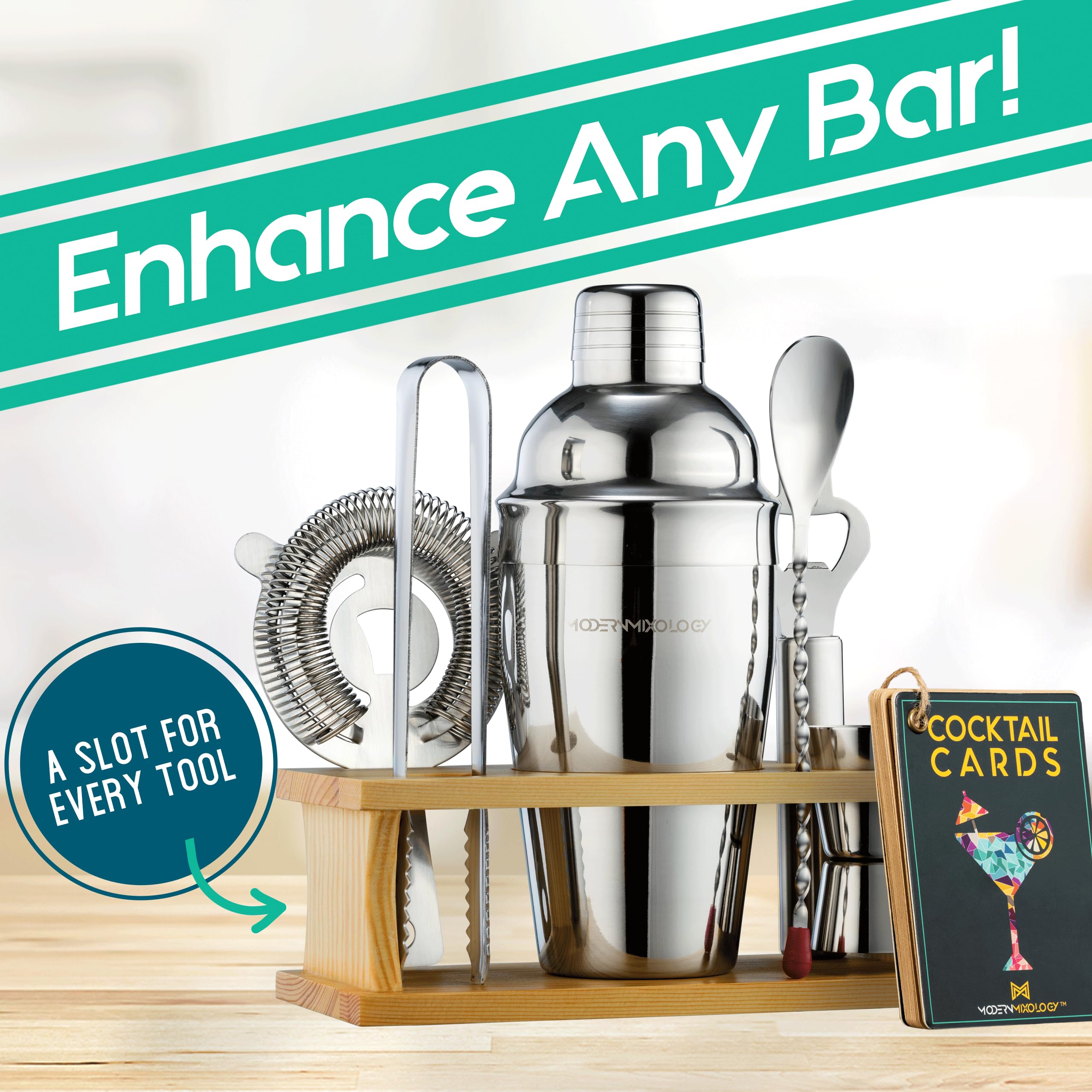 Mixology Bartender Kit with Stand | Silver Bar Set Cocktail Shaker Set for Drink Mixing - Bar Tools: Martini Shaker, Jigger, Strainer, Bar Mixer Spoon, Tongs, Opener | New Bartender Gift Idea