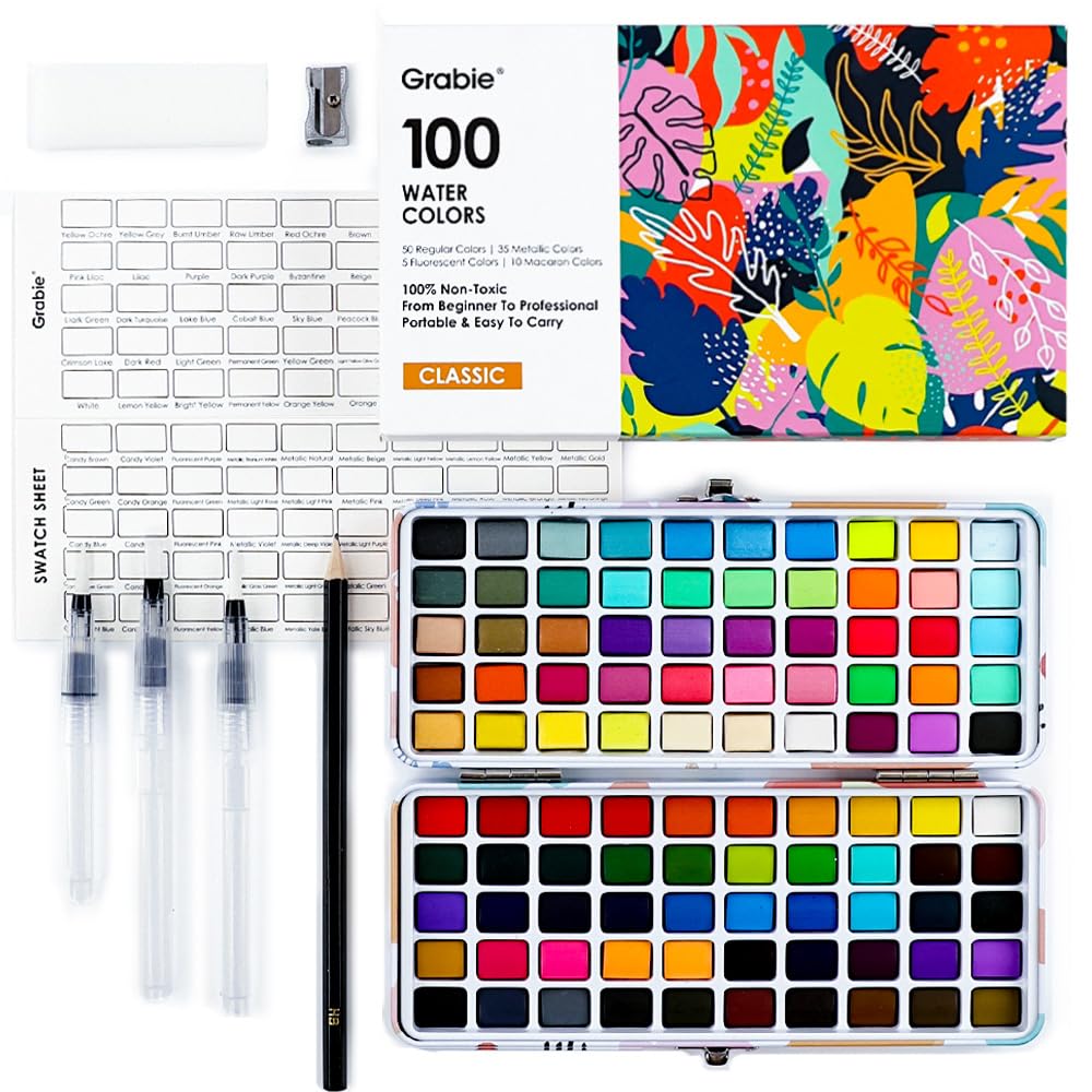 Grabie Watercolor Paint Set, Watercolor Paints, 100 Colors, Painting Set with Water Brush Pens and Drawing Pencil, Great for Kids and Adults, Art Supplies, Perfect Starter Kit for Watercolor Painting