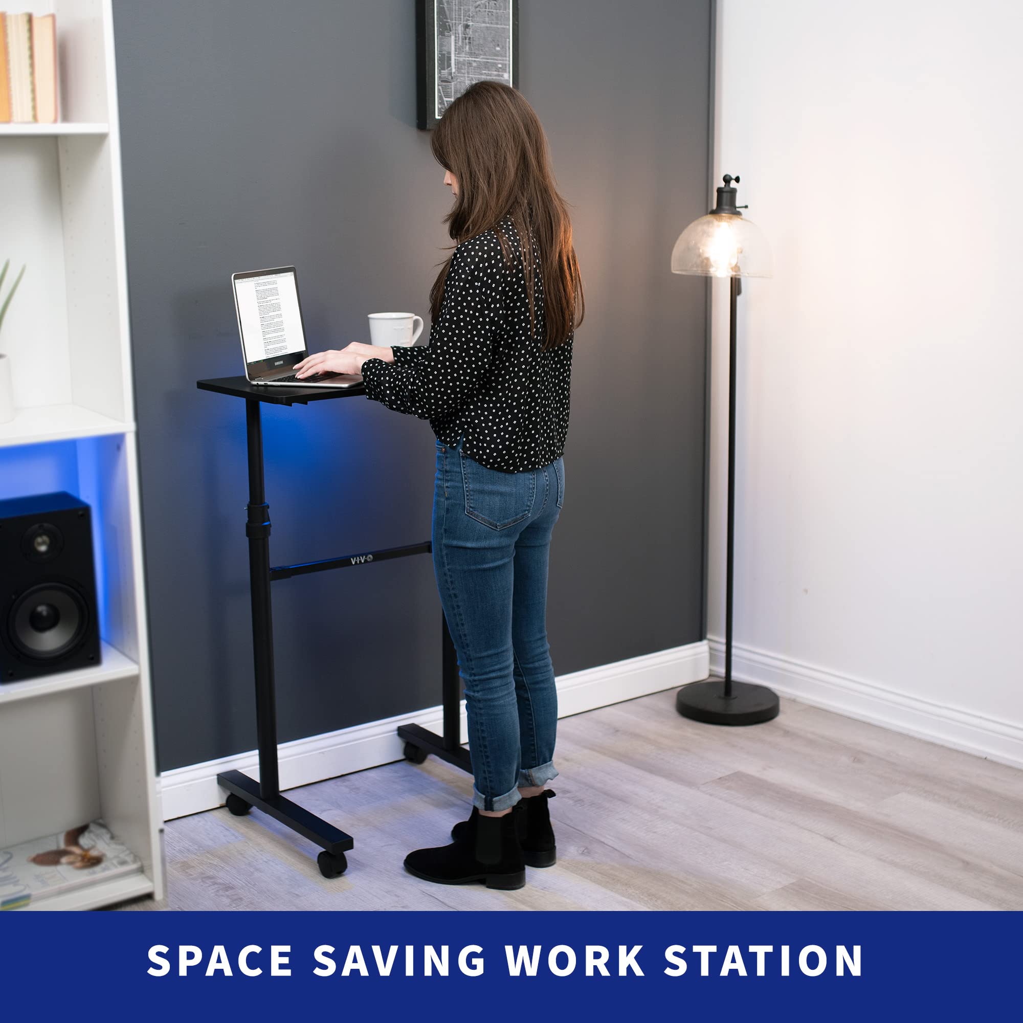 VIVO Height Adjustable 28 x 14 inch Standing Desk Cart for Laptop Office Work, Stationary Training Exercise Bike Use, Small Mobile Workstation with Locking Wheels, Black, CART-V01BK