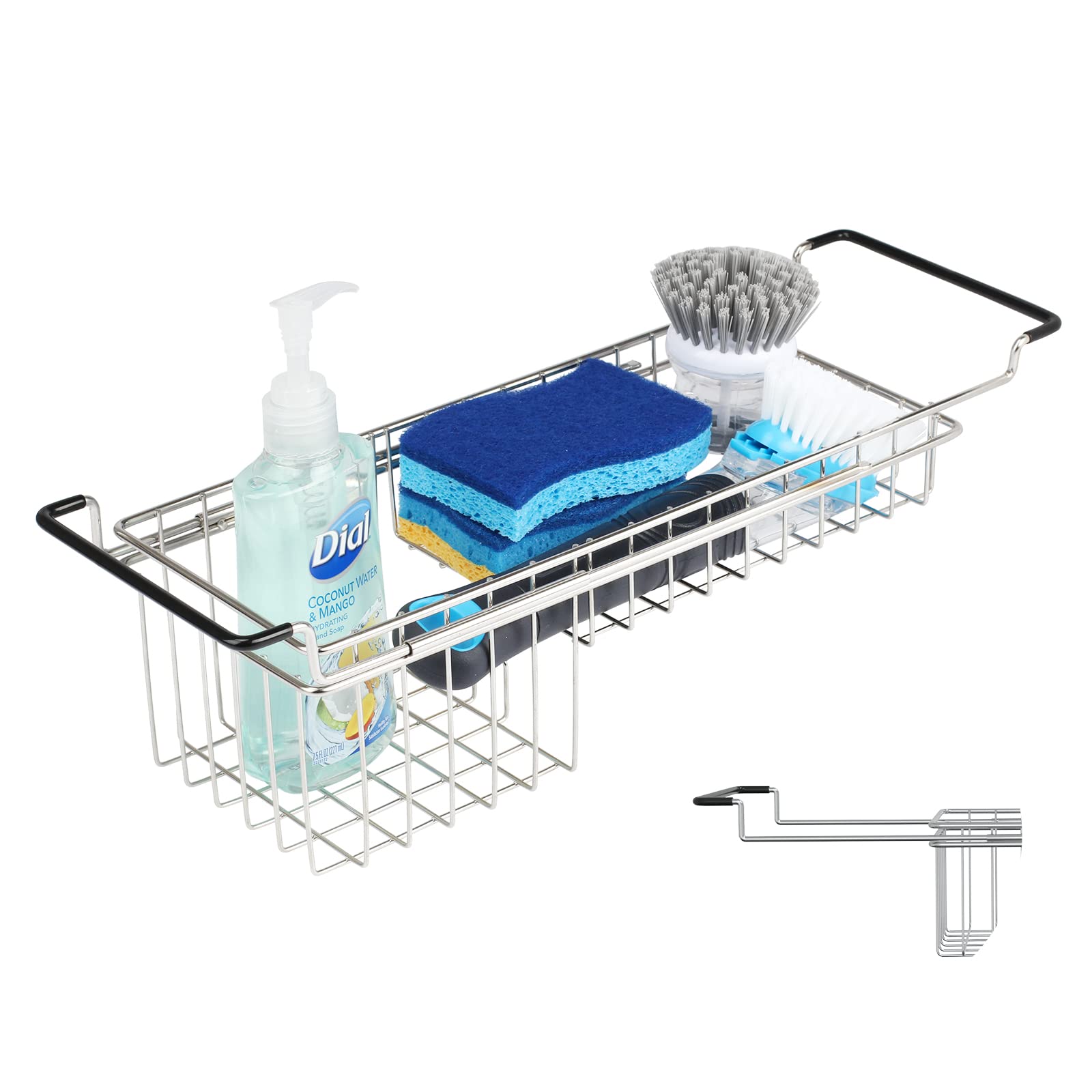 TreeLen Sink Caddy Sponge Holder Kitchen Sink Organizer Sponge Caddy Farmhouse Sink Accessories Rag Detergent Brush Dishwashing Liquid Rack Expandable 14-3/4" to 20" Stainless Steel