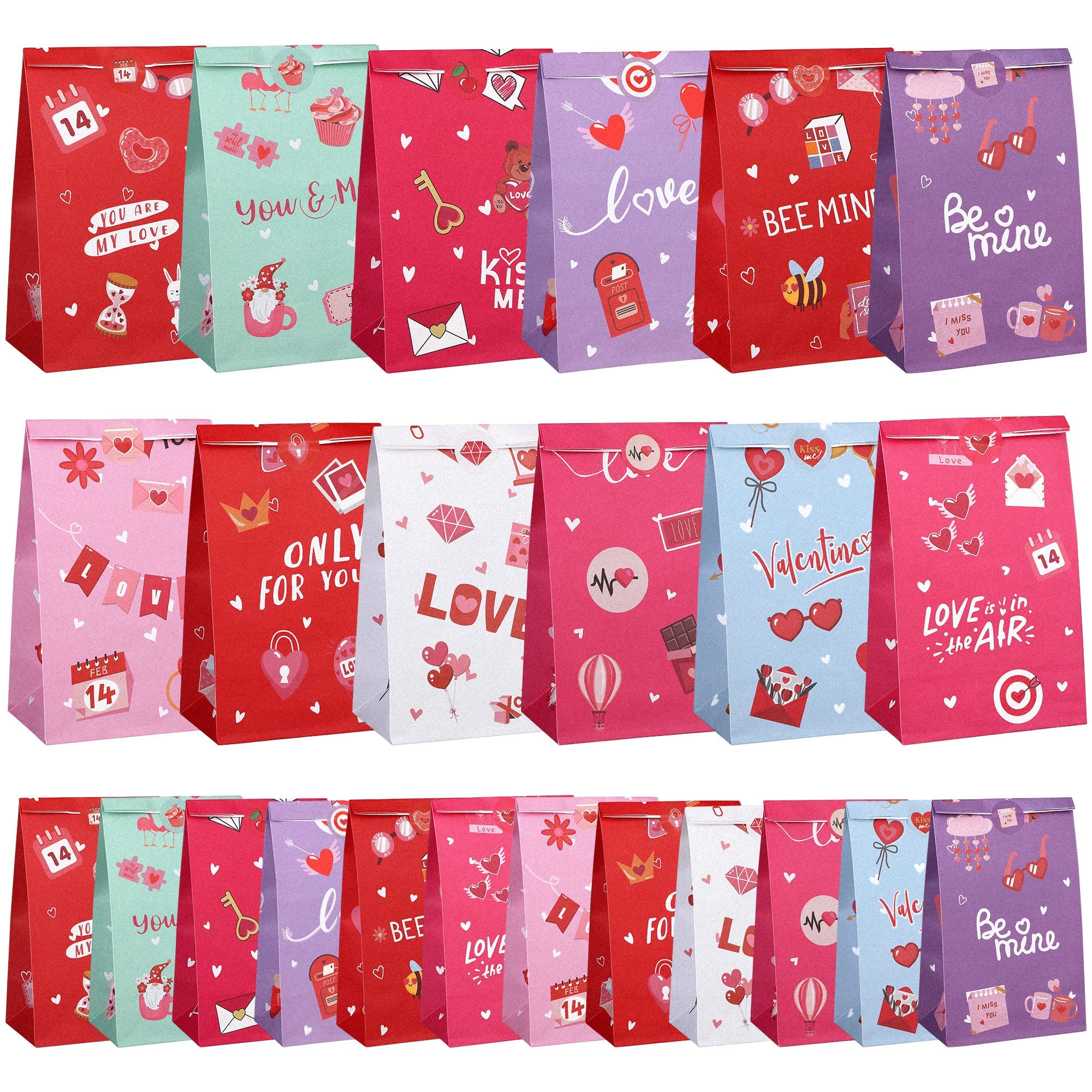Aodaer 48 Pieces Valentine’s Day Paper Gift Bags with Stickers Valentine Candy Goody Snack Bags Gift Exchange Wrapping Party Favors for Valentine’s Day, Wedding, Engagement Party Supplies, 12 Styles