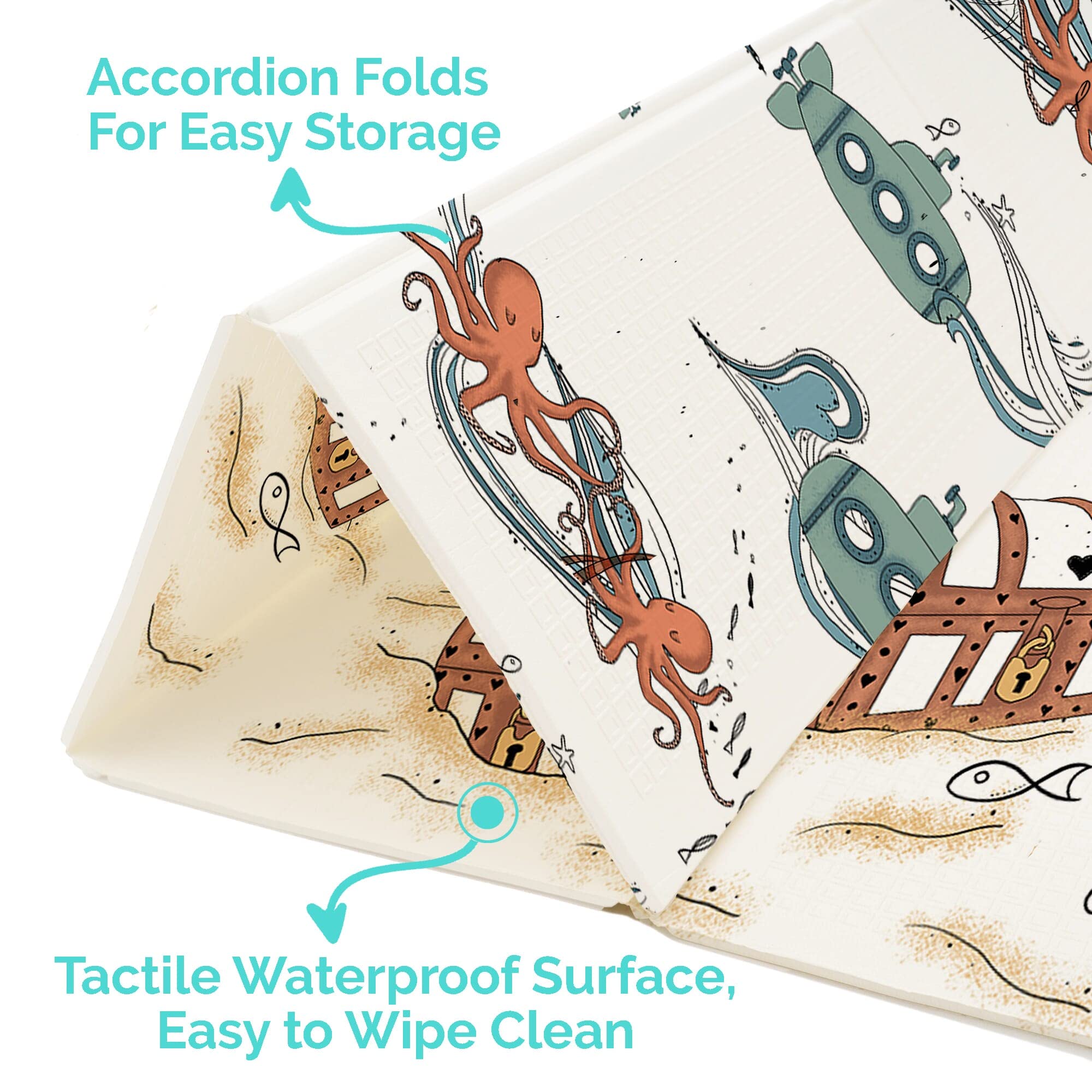 JumpOff Jo - Large Waterproof Foam Padded Play Mat for Infants, Babies, Toddlers, Play Pens & Tummy Time, Foldable Activity Mat, 70 in. x 59 in. - Octopus Treasure