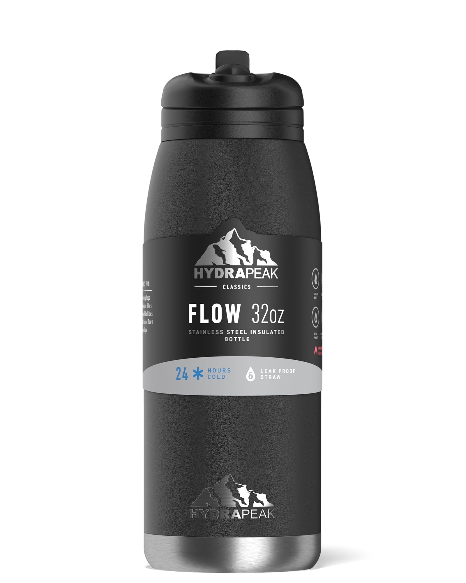 Hydrapeak Flow 32oz Insulated Water Bottle with Straw Lid | Double Wall Vacuum Insulated Stainless Steel Water Bottles, BPA-Free and Leak-Proof, Wide Mouth Flask with Bite Straw and Handle (Black)