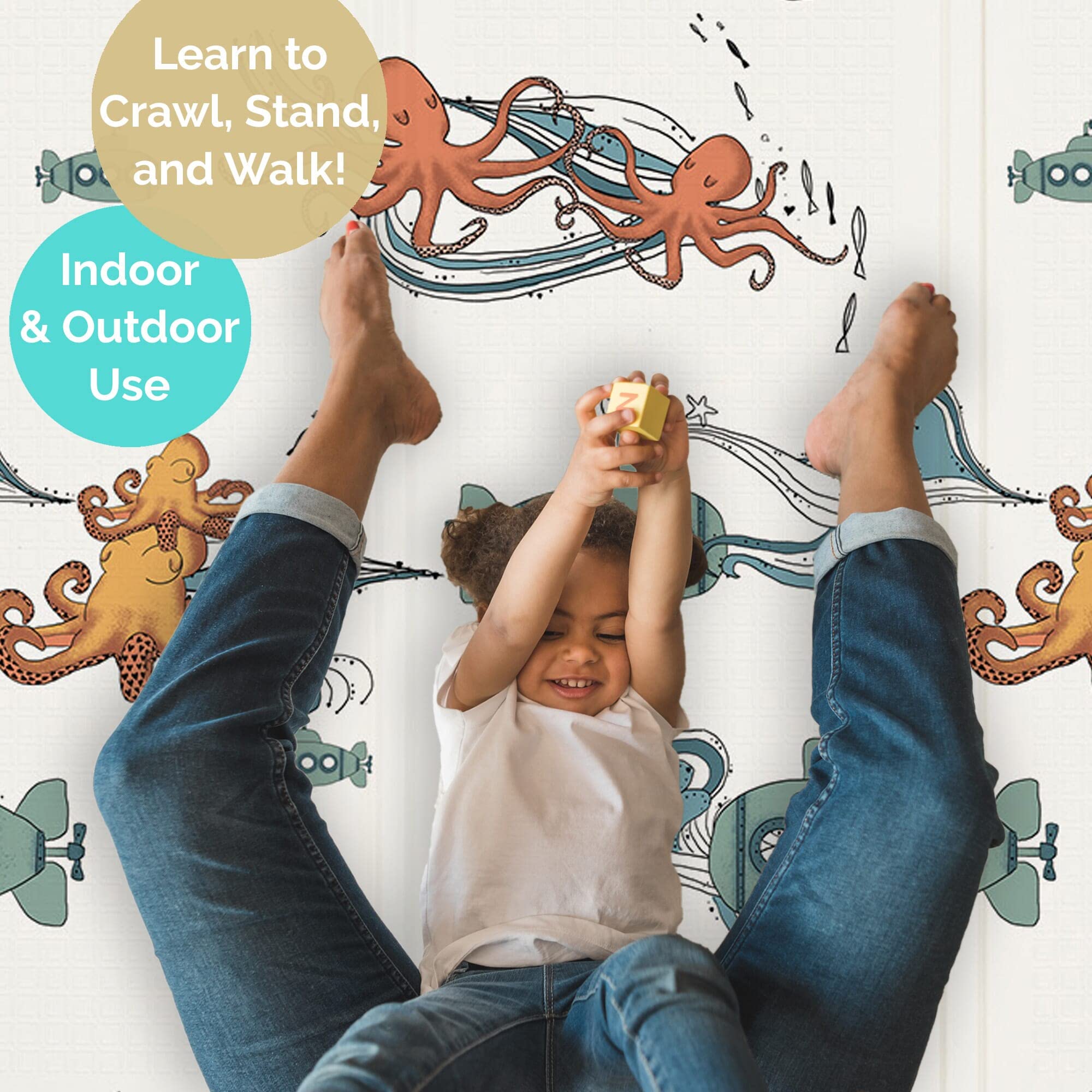 JumpOff Jo - Large Waterproof Foam Padded Play Mat for Infants, Babies, Toddlers, Play Pens & Tummy Time, Foldable Activity Mat, 70 in. x 59 in. - Octopus Treasure