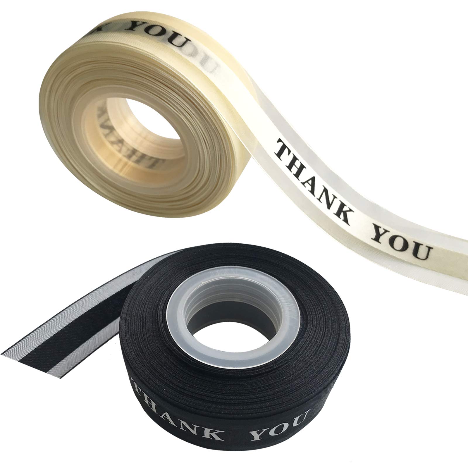 LXKBD 2 Rolls Satin Organza Ribbons with “Thank You" Printing ,1 Inch by 25 Yard Spool for Thanksgiving Day Gift Wrapping,Wedding Favor,Cake Box Decoration and Handmade Crafts (Black and Champagne)