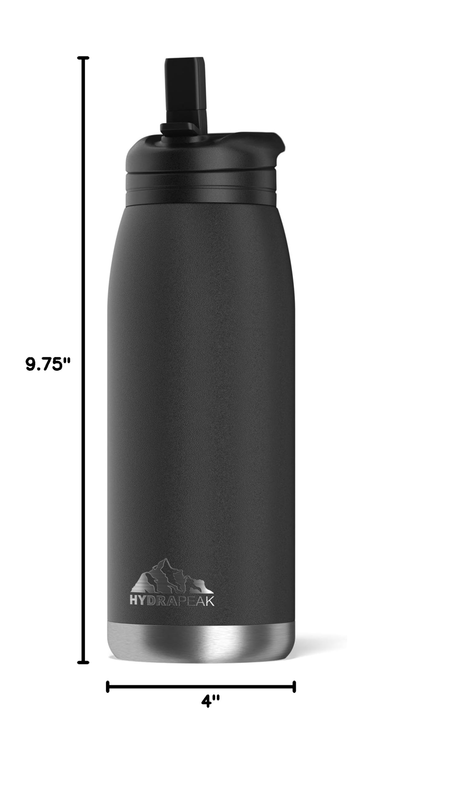 Hydrapeak Flow 32oz Insulated Water Bottle with Straw Lid | Double Wall Vacuum Insulated Stainless Steel Water Bottles, BPA-Free and Leak-Proof, Wide Mouth Flask with Bite Straw and Handle (Black)