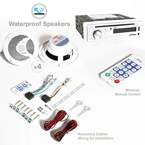 Pyle Marine Stereo Receiver Speaker Kit - In-Dash LCD Digital Console Built-in Bluetooth & Microphone 6.5β Waterproof Speakers (4) w/ MP3/USB/SD/AUX/FM Radio Reader & Remote Control - Pyle PLCDBT85MRW