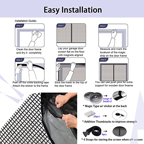 LydeLog Both-Way Magnetic Garage Door Screen, Glass Fiber Screen Cloth Magnetic Type Gravity Automatic Closing Screen, Hands Free Magnetic House Screen with Whole Framework Magic Tape (16 x 7 FT)