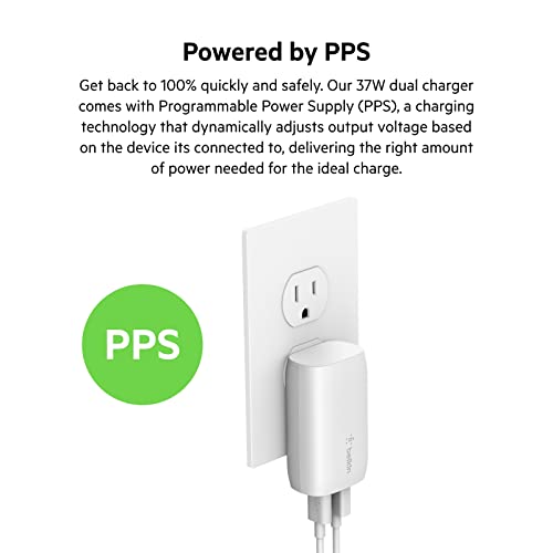 Belkin 37 Watt Wall Charger - Power Delivery 25W USB C Port + 12W USB A Port for PPS Charging Apple iPhone 14, 14 Pro, 14 Pro Max, 13 Pro, 13 Pro Max, Galaxy S21 Ultra & More - USB-C Charger