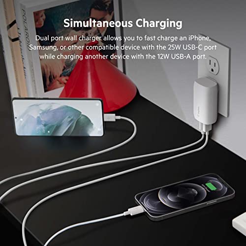 Belkin 37 Watt Wall Charger - Power Delivery 25W USB C Port + 12W USB A Port for PPS Charging Apple iPhone 14, 14 Pro, 14 Pro Max, 13 Pro, 13 Pro Max, Galaxy S21 Ultra & More - USB-C Charger