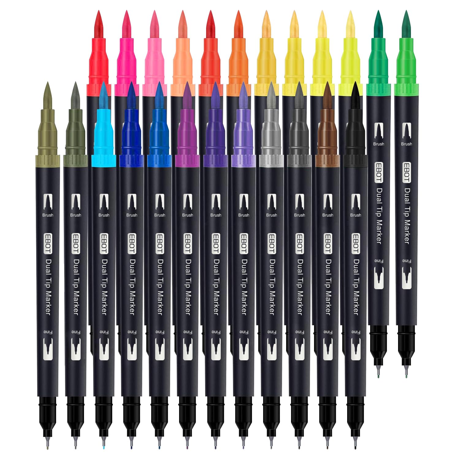 EBOT Dual Markers Brush Pen, Brush Tips & Colored Fine Point Pen Set for Lettering Writing Coloring Drawing,Planner Art Supplier,24 Colors