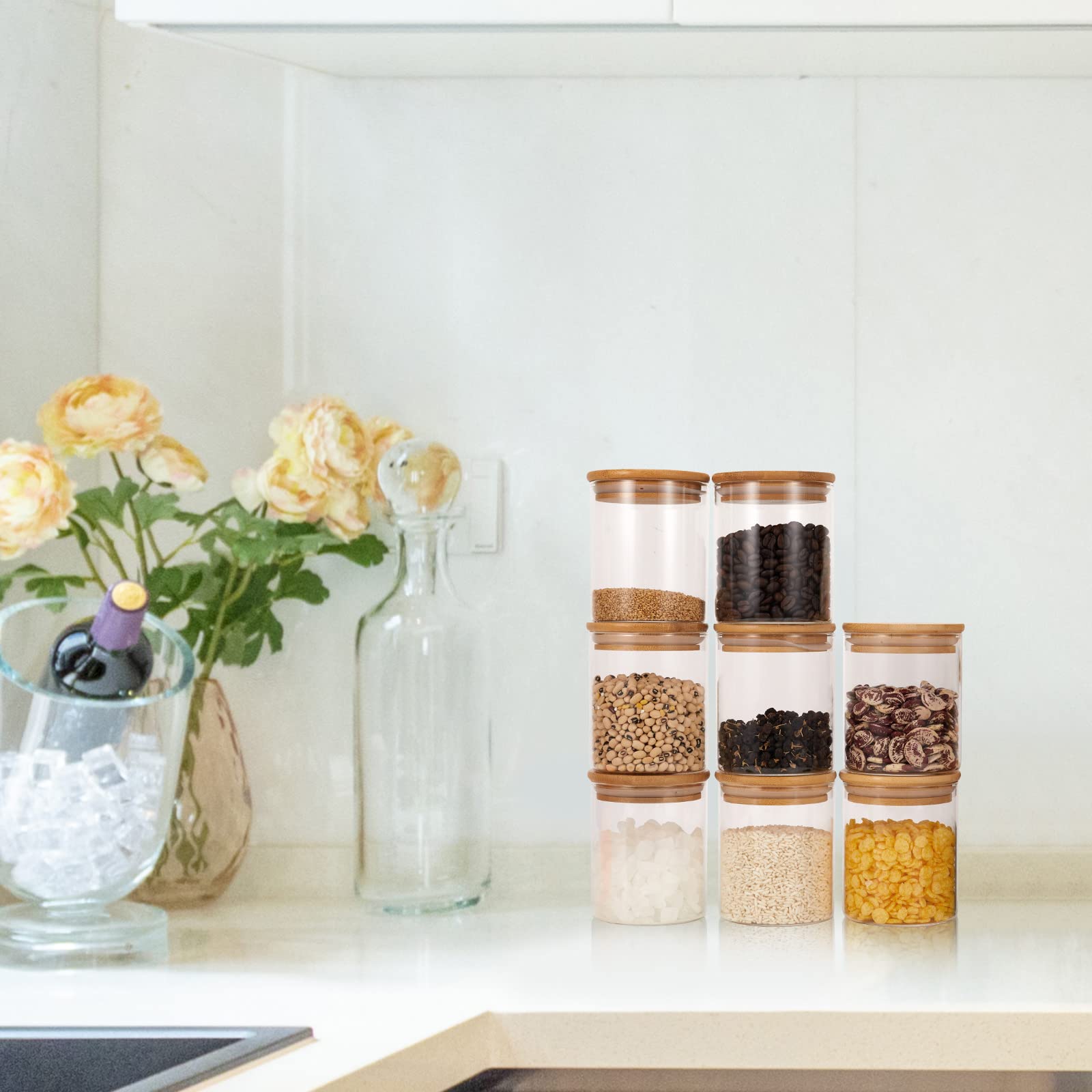 9pcs Glass Jars with Airtight Bamboo Lids,17 oz 500ml Wide Mouth Clear Glass Food Storage Containers,Glass Kitchen Canisters with Labels for Coffee Bean,Candy,Tea,Spices,Nuts and More Dry Goods