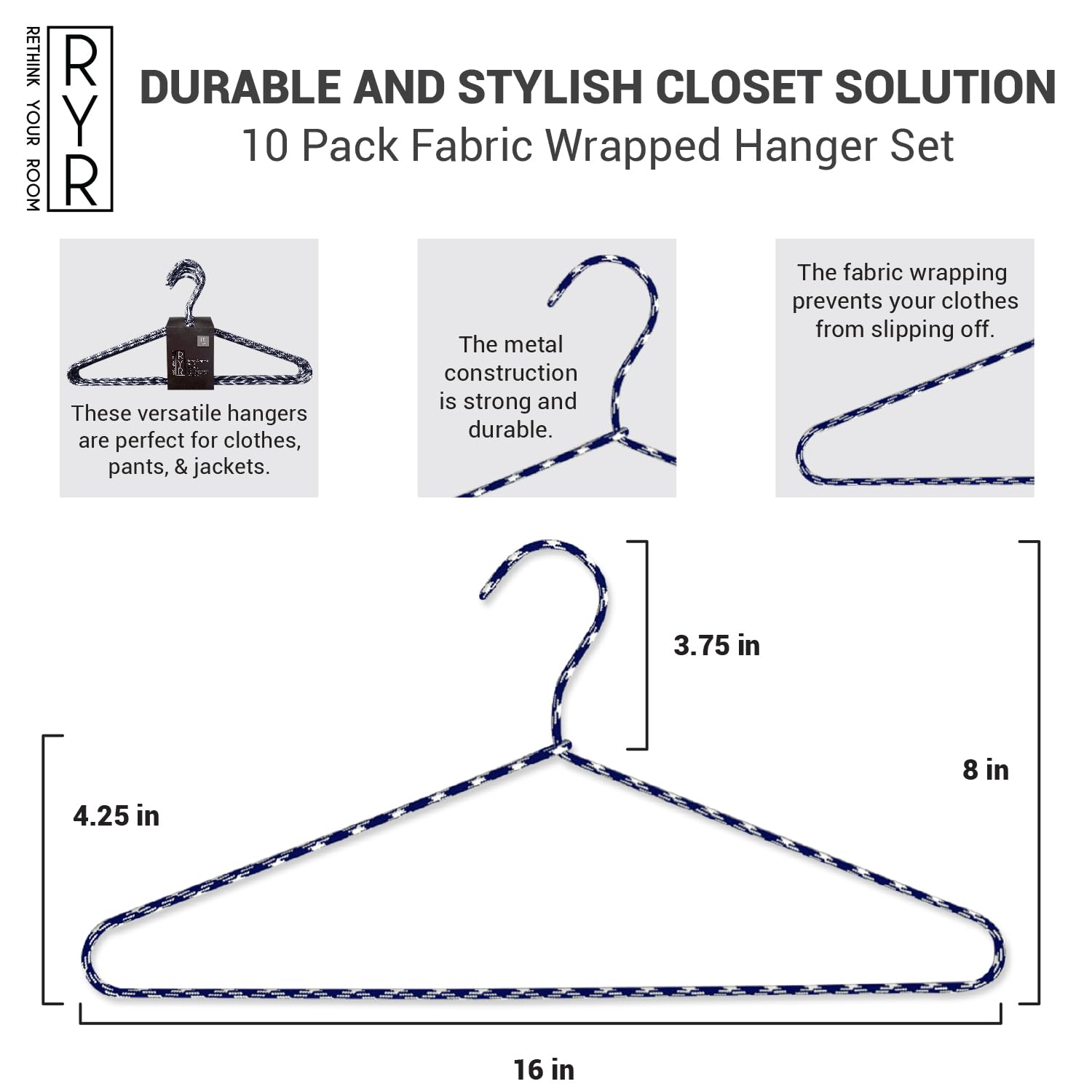 Rethink Your Room Clothes Hangers 10 Pack Stylish Fabric Wrapped Metal, Space Saving Coat, Velvet, Pant Hangers for Closet Organization, Durable Non-Slip, Navy/White Wardrobe Essentials Bulk Storage